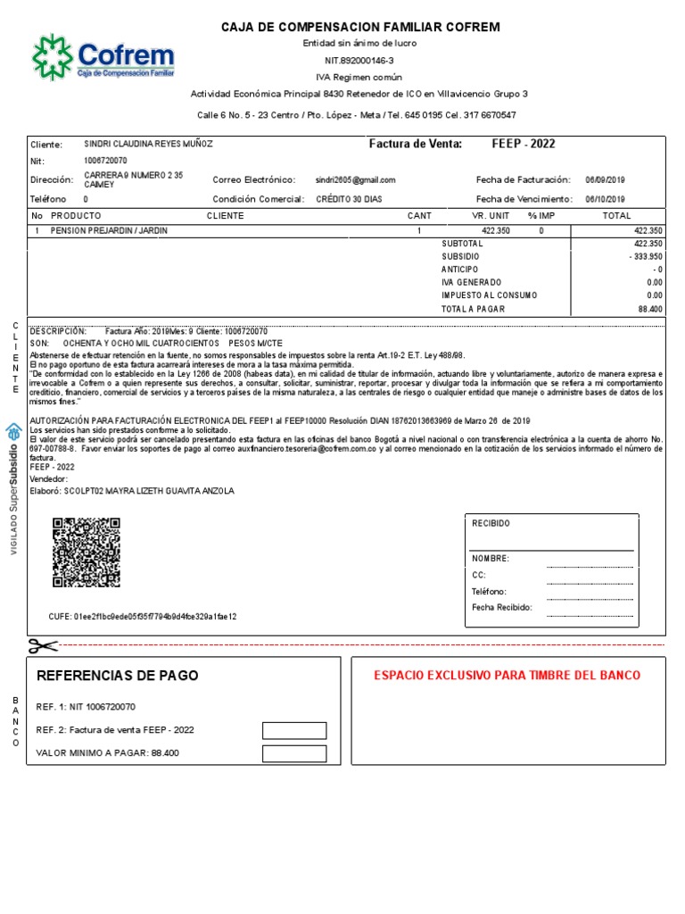 Caja de Compensacion Familiar Cofrem: Factura de Venta: FEEP - 2022 ...