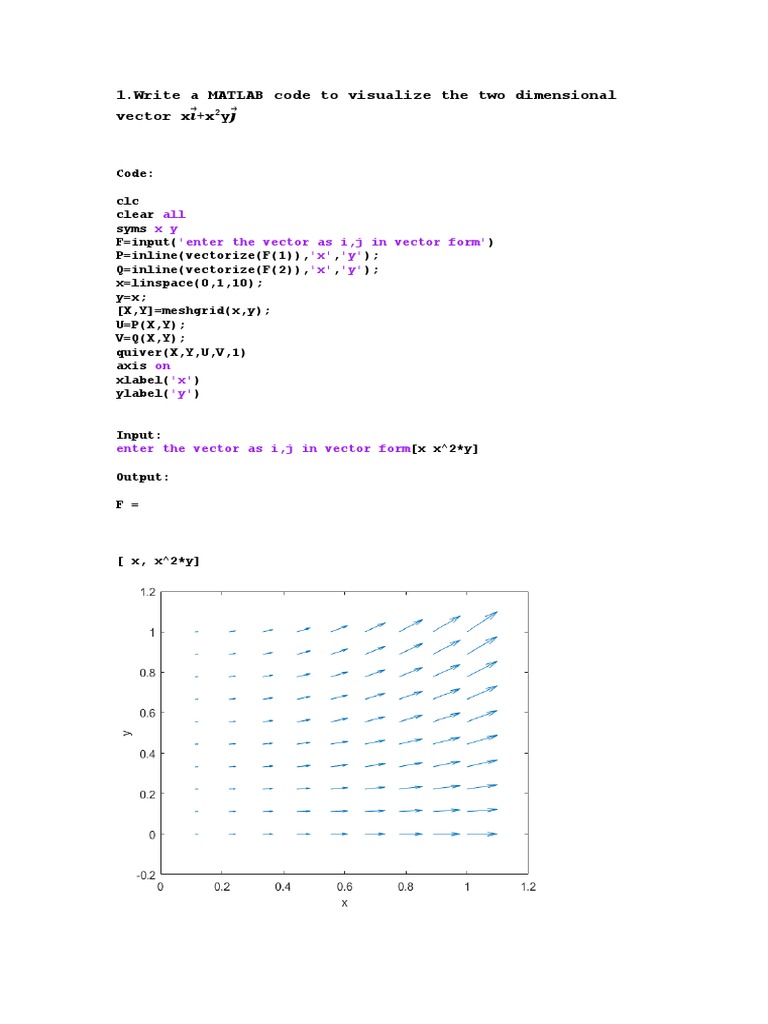 1.write A MATLAB Code To Visualize The Two Dimensional Vector X +X y | PDF