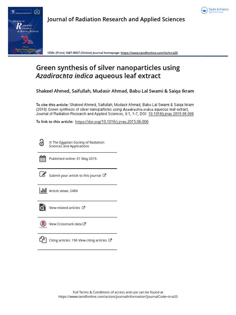 Green Synthesis of Silver Nanoparticles Using Azadirachta Indica Aqueous Leaf Extract | PDF ...