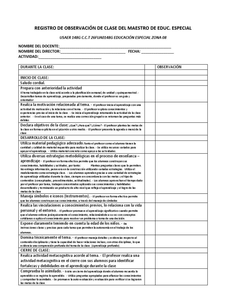 Registro de Observación de Clase Del Maestro de Educ | PDF ...