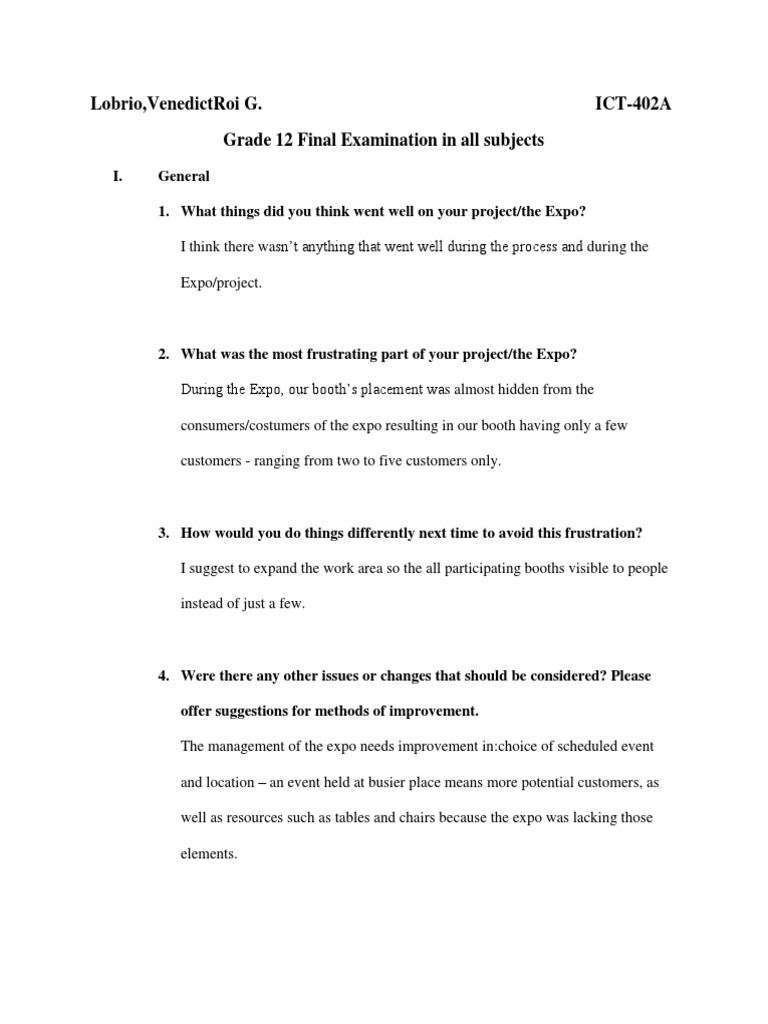 Grade 12 Final Examination in All Subjects | PDF | Psychological ...