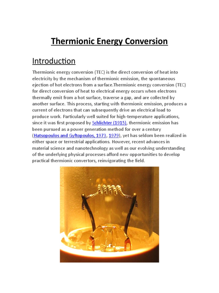 Thermionic Energy Conversion: Schlichter (1915) Hatsopoulos and ...