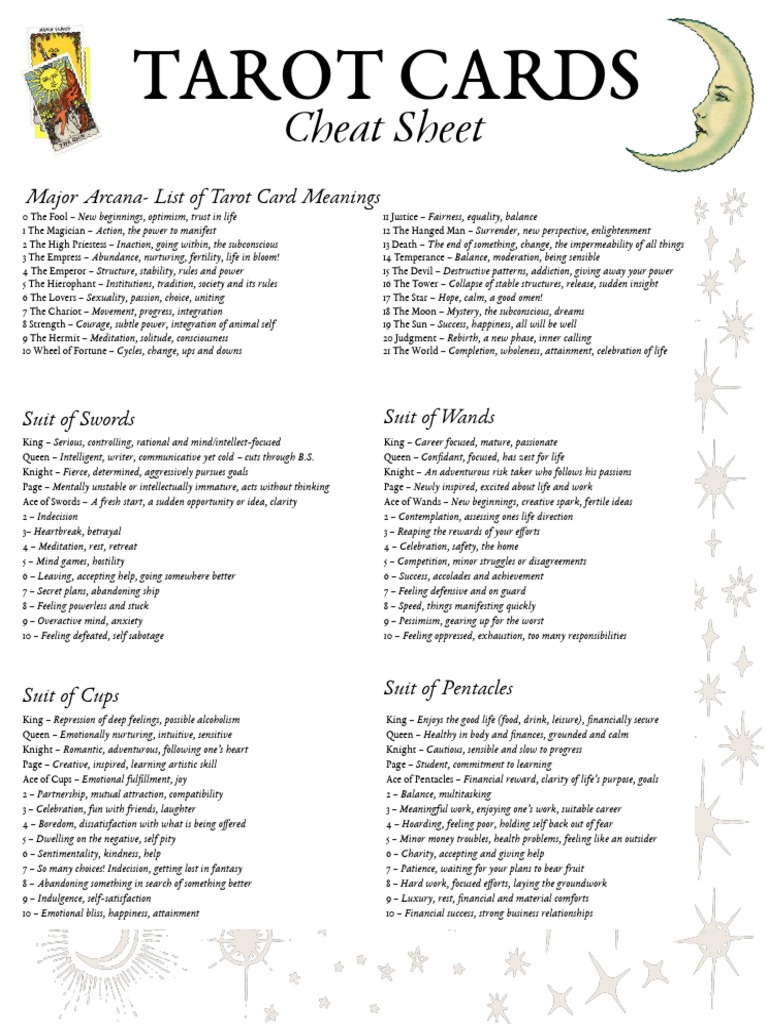 Tarot Cards: Cheat Sheet | PDF | Feeling | Psychology