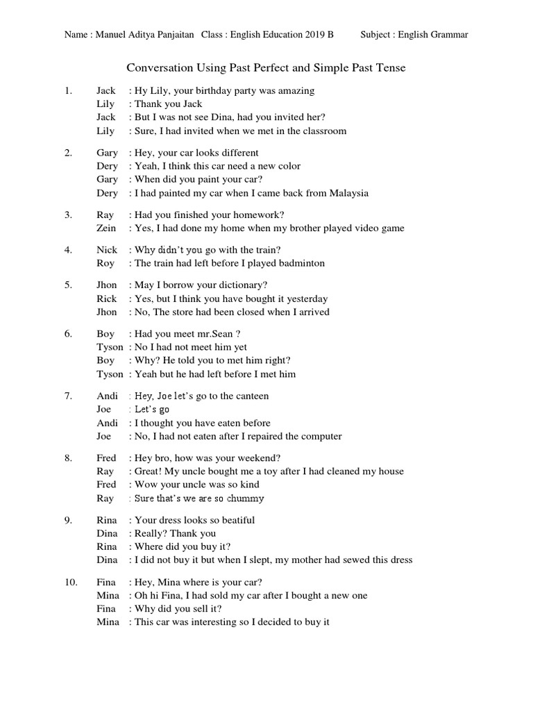 Conversation Using Past Perfect and Simple Past Tense | PDF