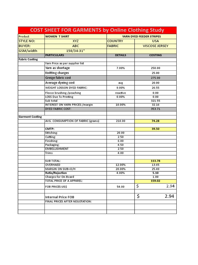 Garment Sample Costing Sheet by OCS | PDF | Dyeing | Textiles