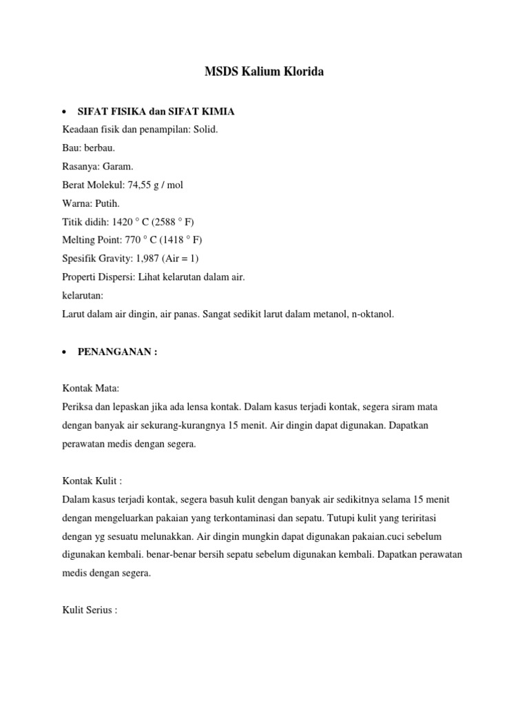 MSDS Kalium Klorida dan Penanganannya | PDF | Memasak, Makanan ...