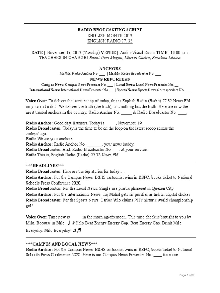 Radio Broad Script | PDF | News | Broadcasting