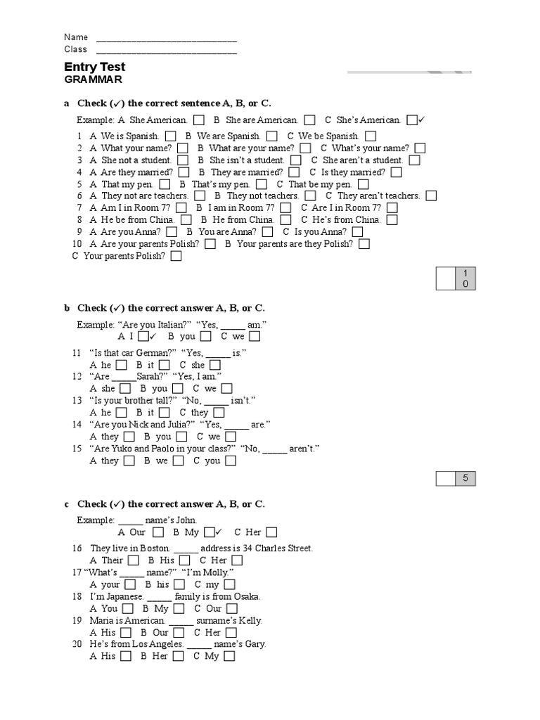 Entry Test: Grammar A Check ( ) The Correct Sentence A, B, or C | PDF