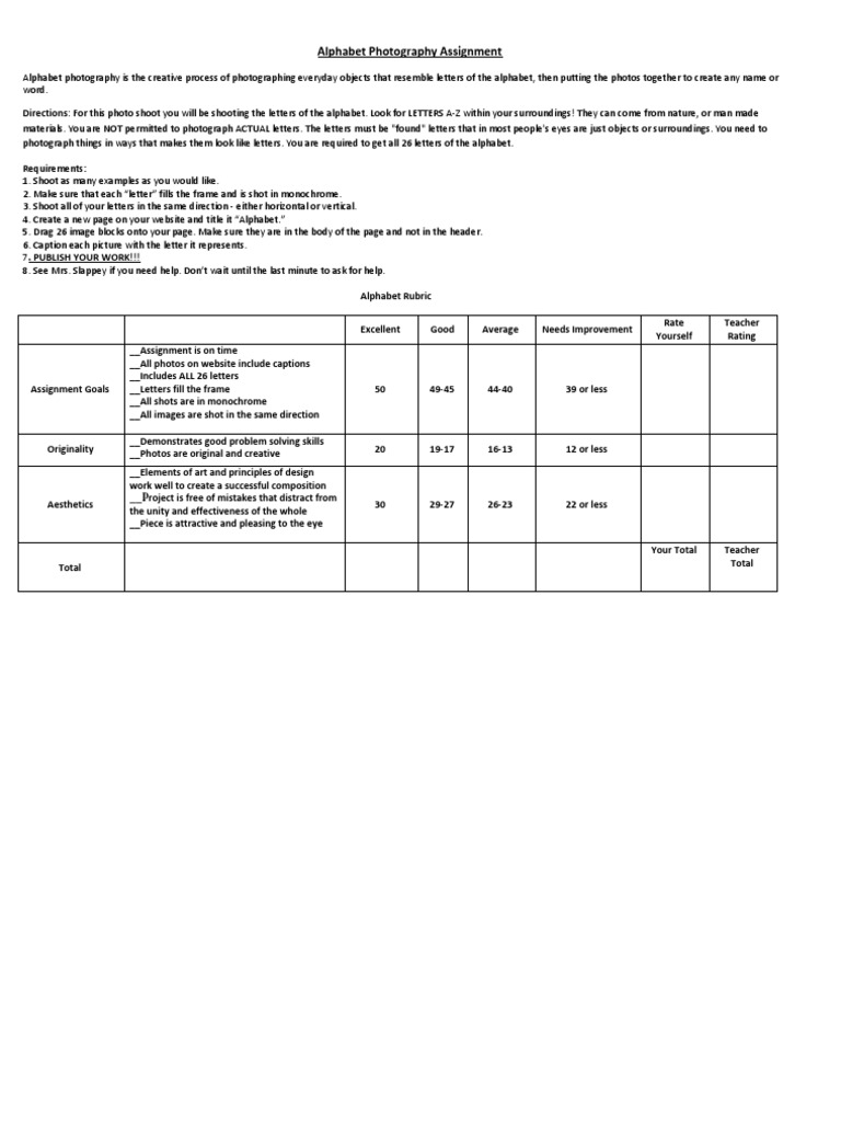 Alphabet Project and Rubric 1 | PDF | Composition (Visual Arts) | Art Media