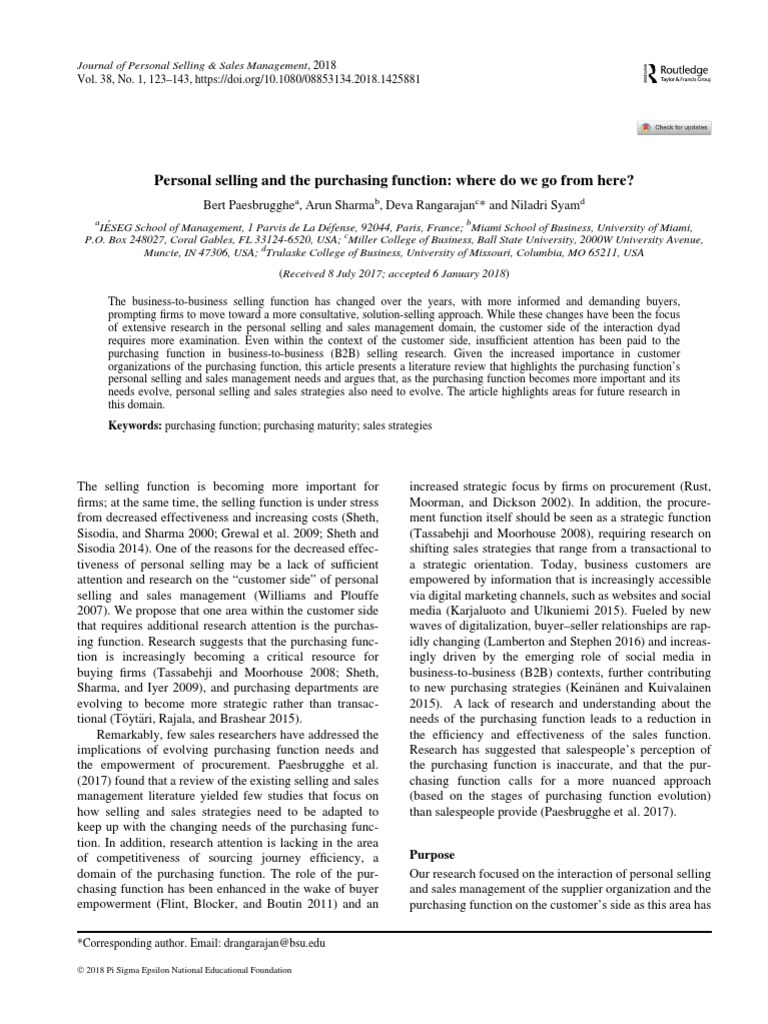 Personal Selling and The Purchasing Function: Where Do We Go From Here ...