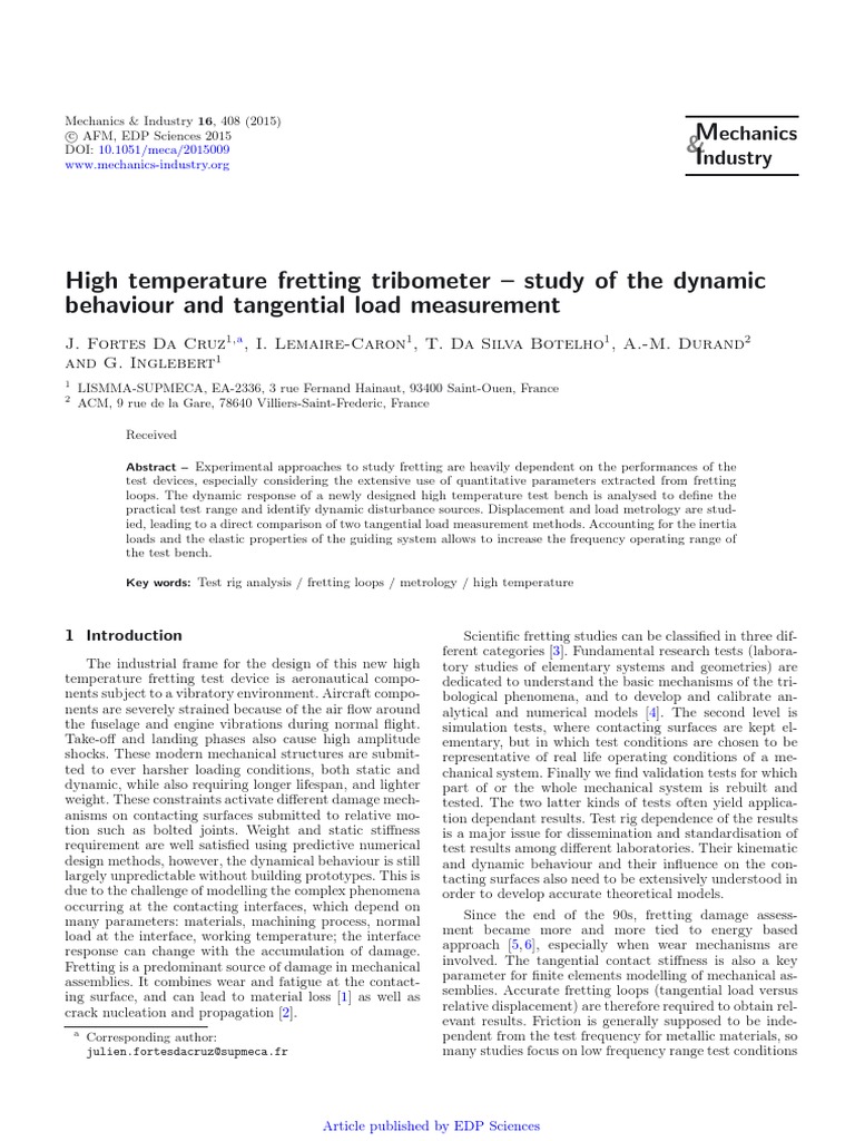 High Temperature Fretting Tribometer - Study of The Dynamic Behaviour and Tangential Load ...