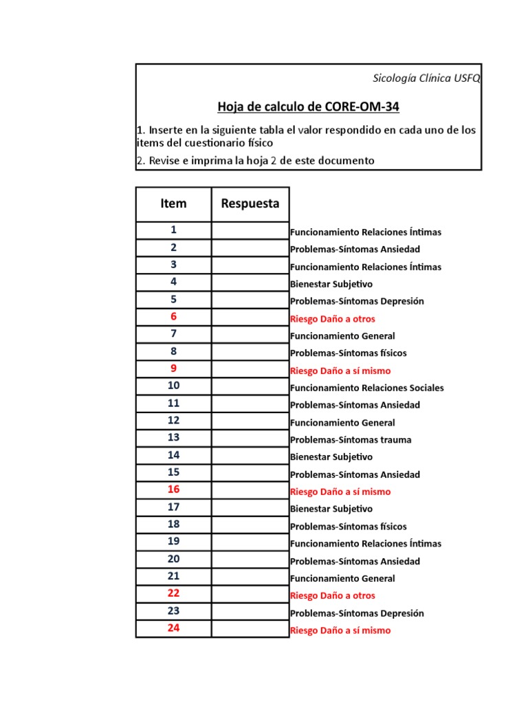 CORE-OM-34 Hoja de Calificación (Imprimible) | PDF | Ansiedad ...
