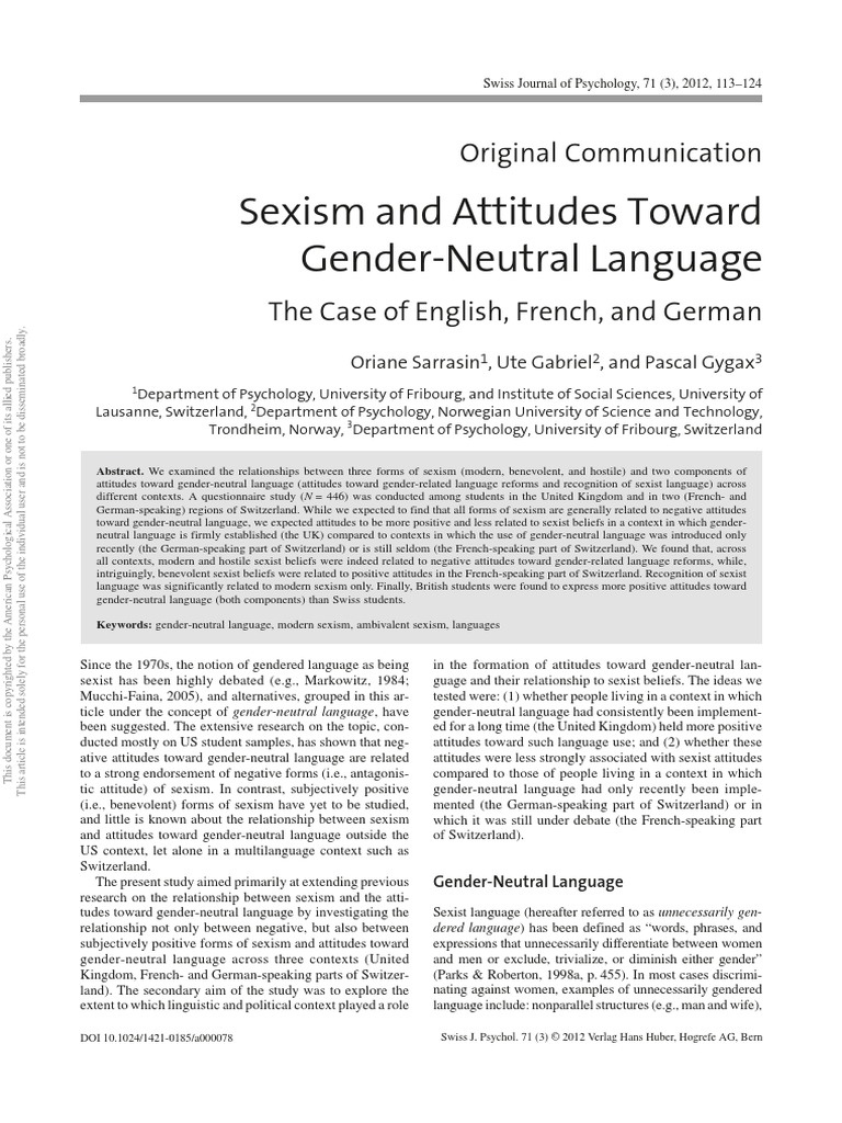 Sexism And Attitudes Toward Ge Pdf Sexism Grammatical Gender