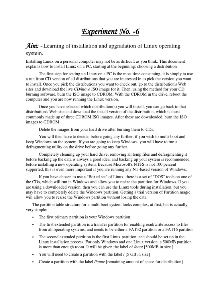 Experiment No. - 6: Learning of Installation and Upgradation of Linux Operating System | PDF ...