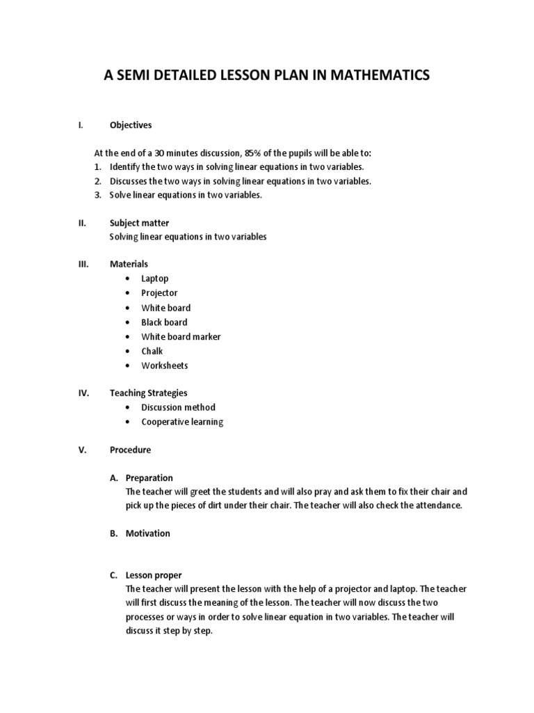 Semi-Detailed Math Lesson Plan: Linear Equations | PDF | Lesson Plan ...