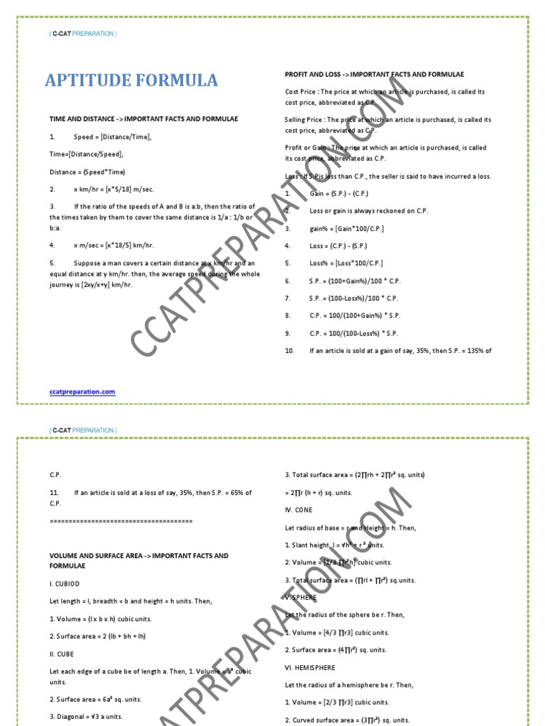 Aptitude Formula: Profit and Loss - Important Facts and Formulae | PDF ...