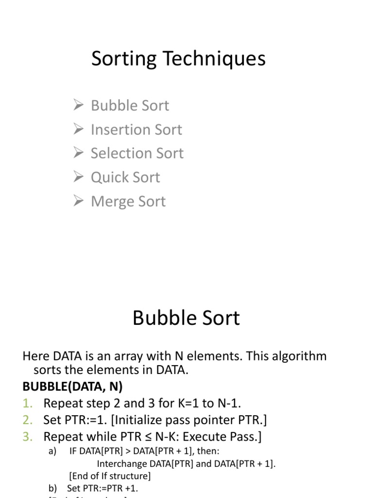 Sorting Techniques: Bubble Sort Insertion Sort Selection Sort Quick Sort Merge Sort | Download ...