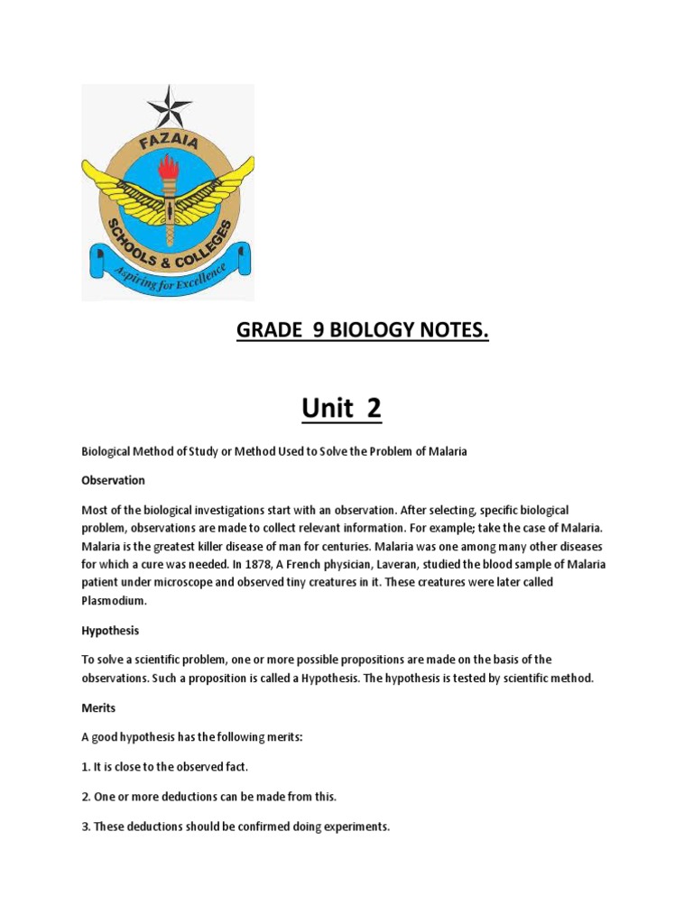 GRADE 9 BIOLOGY NOTES ON MALARIA AND CLASSIFICATION | PDF | Tissue ...