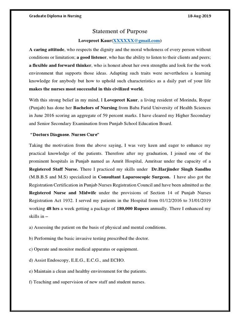 Statement of Purpose: Graduate Diploma in Nursing 18-Aug-2019 | PDF ...
