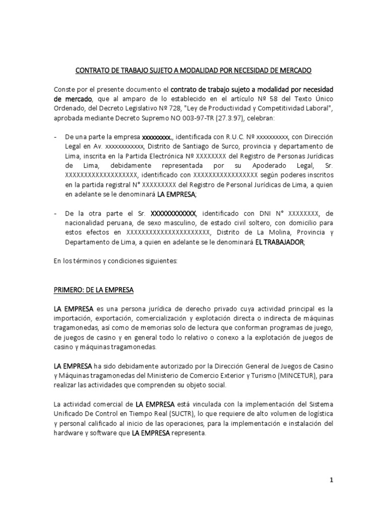 Modelo de Contrato Sujeto A Modalidad Por Necesidad de Mercado | PDF | Derecho laboral | Impuestos