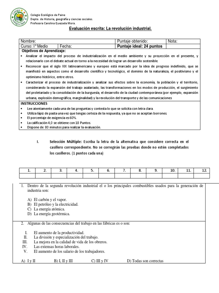 Evaluación sobre la Revolución Industrial | PDF | Industrias ...
