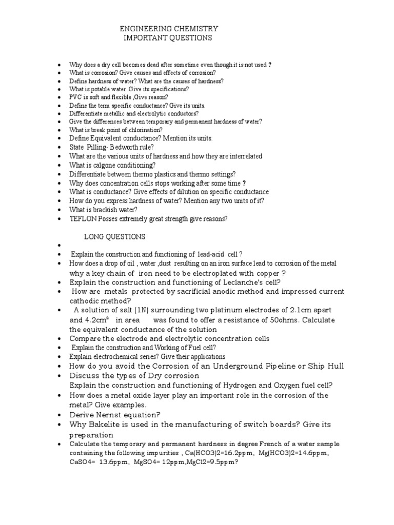 Chemistry Important Questions | PDF | Corrosion | Water