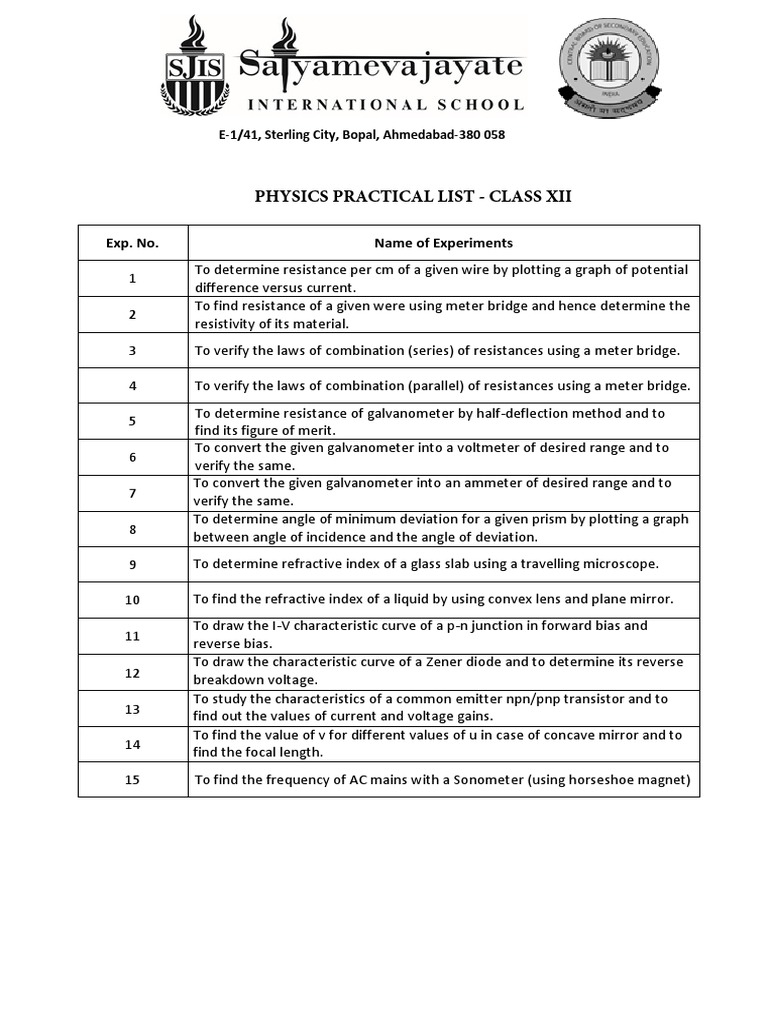 Physics Practical List - Class Xii: Exp. No. Name of Experiments | PDF