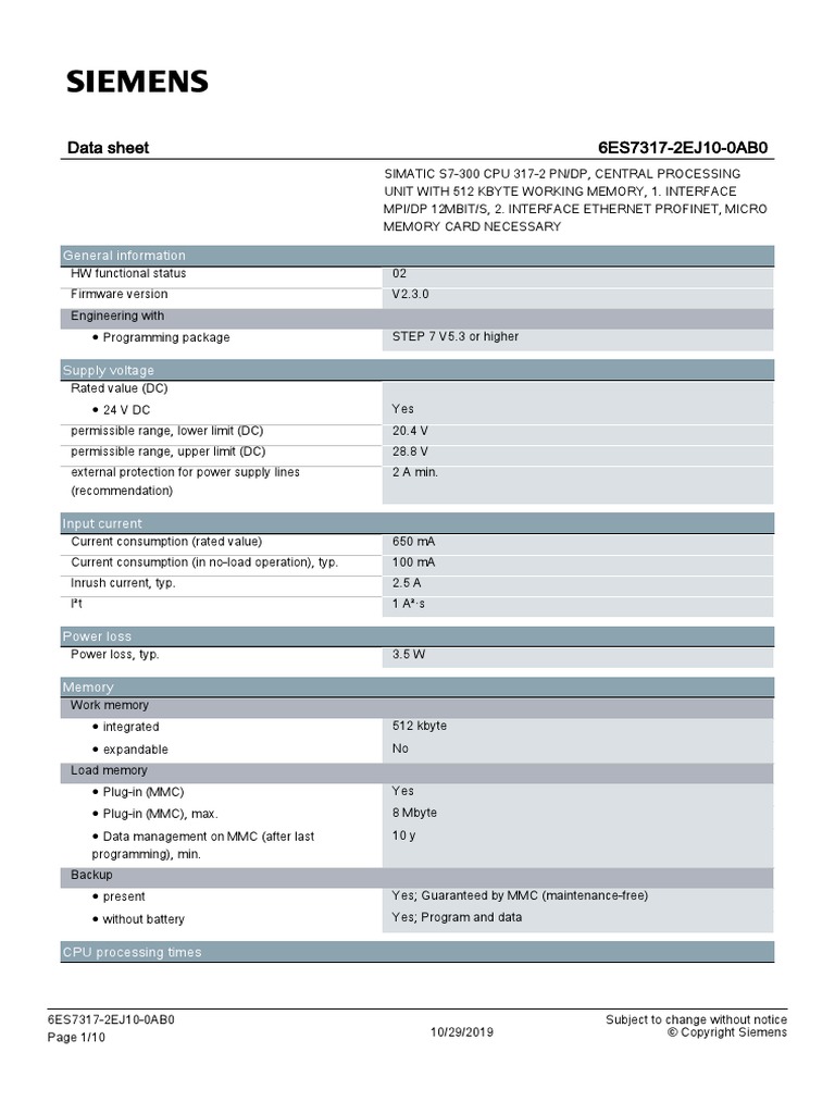 Data Sheet 6ES7317-2EJ10-0AB0: General Information | PDF | Input/Output | Electrical Engineering