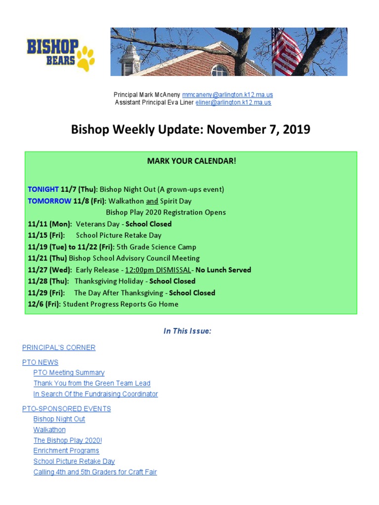 Bishop Weekly Update: November 7, 2019: Mark Your Calendar! | PDF