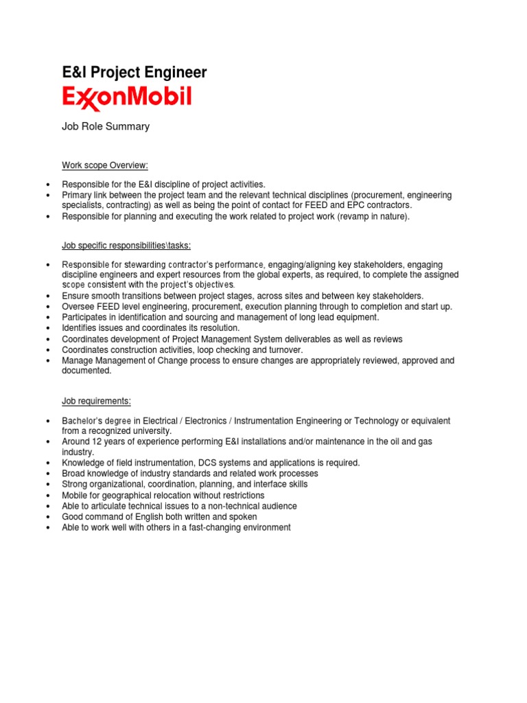 E&I Project Engineer: Job Role Summary | PDF