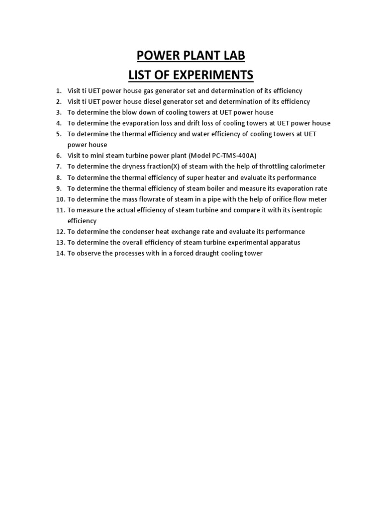 Power Plant Lab List of Experiments | PDF