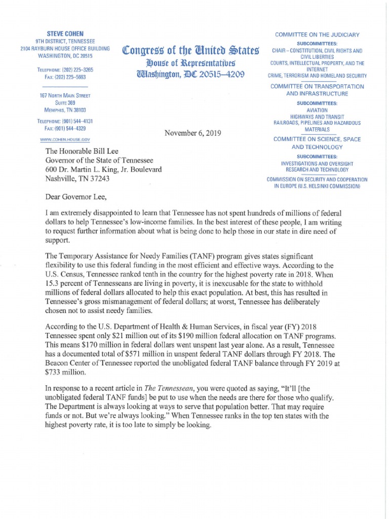 Final TANF Letter To Gov. Lee 2.0 | PDF