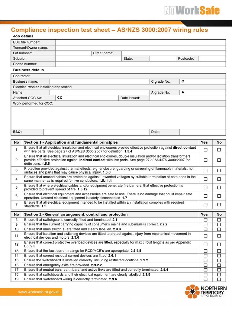 Compliance Inspection Test Sheet | PDF | Electrical Wiring | Electricity