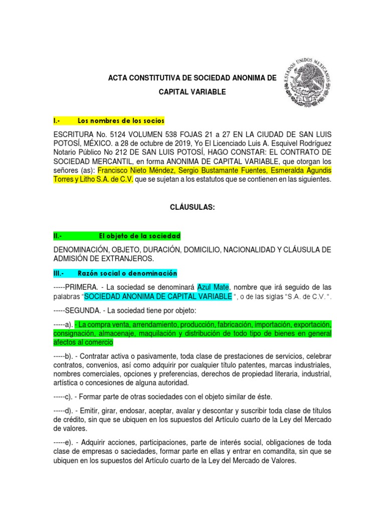 Acta Constitutiva de Sociedad Anonima de Actividad Integradora | PDF | Sociedad de ...