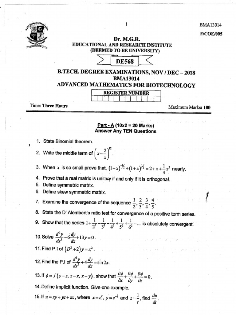 Advanced Mathematics For Biotechnology | PDF