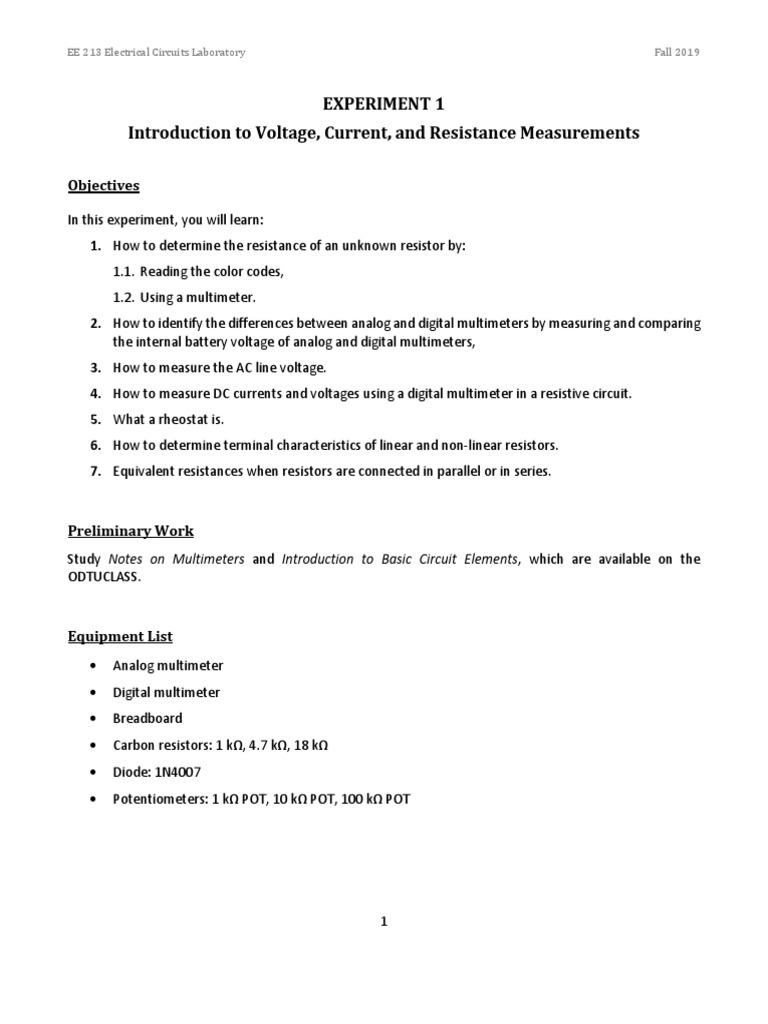 EE213 Experiment 1 2019 Manual | PDF | Resistor | Electrical Network