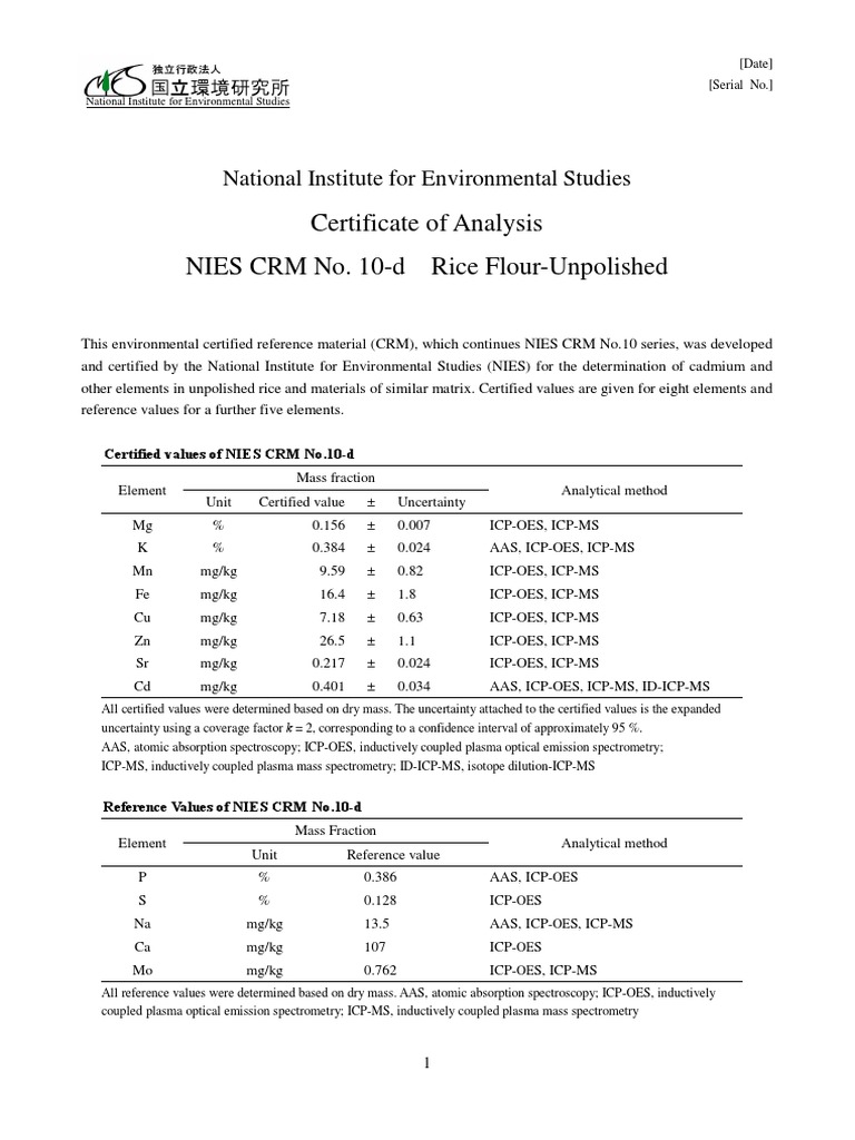 Certificate of Analysis NIES CRM No. 10-d Rice Flour-Unpolished | PDF ...
