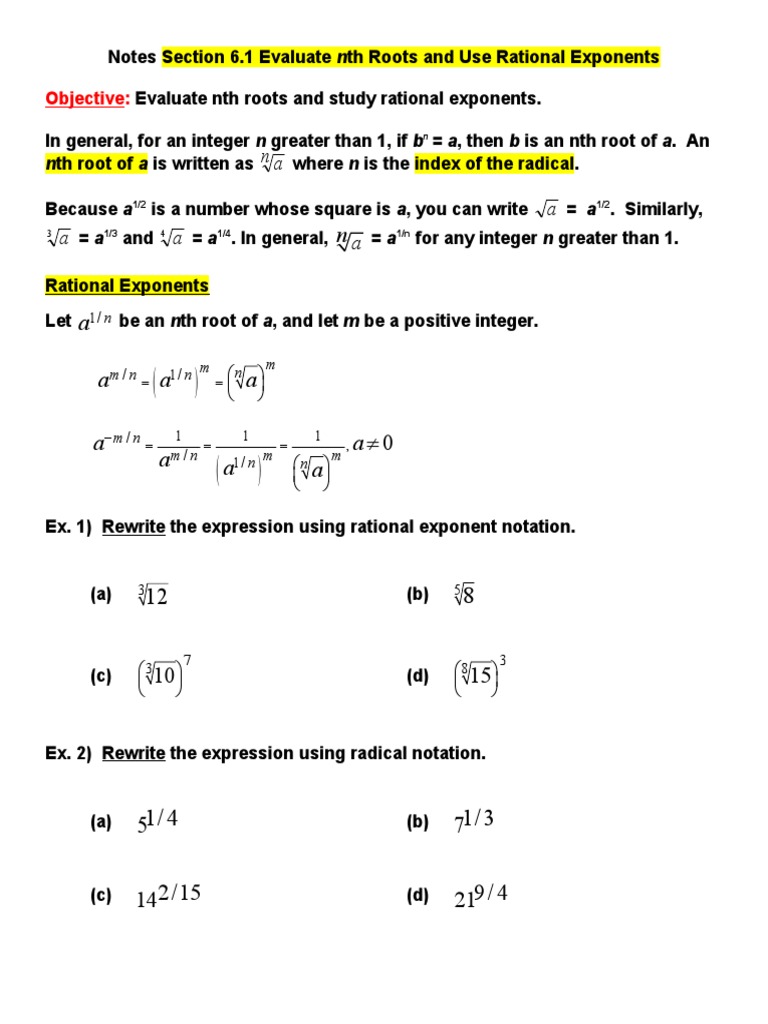 Evaluate nth Roots & Rational Exponents | PDF | Exponentiation | Algebra
