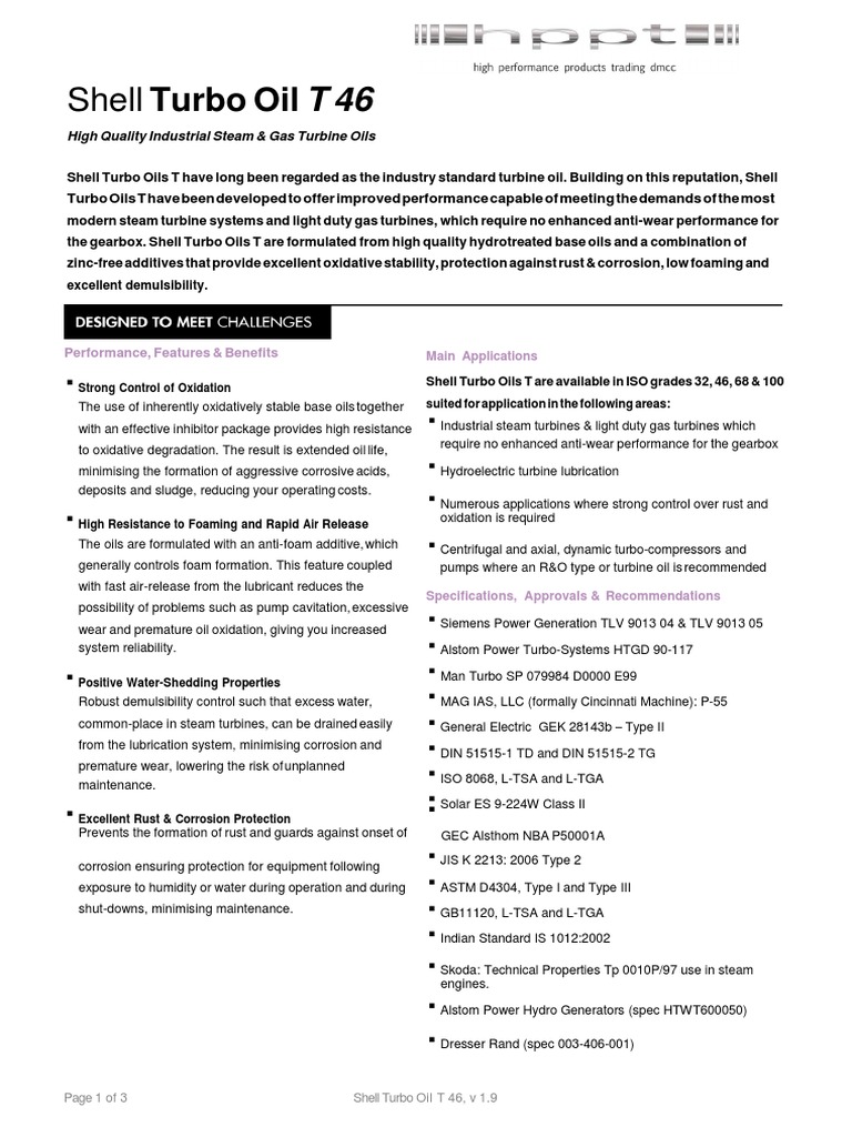 UAE Shell Turbo Oil T 46 | PDF | Motor Oil | Gas Turbine