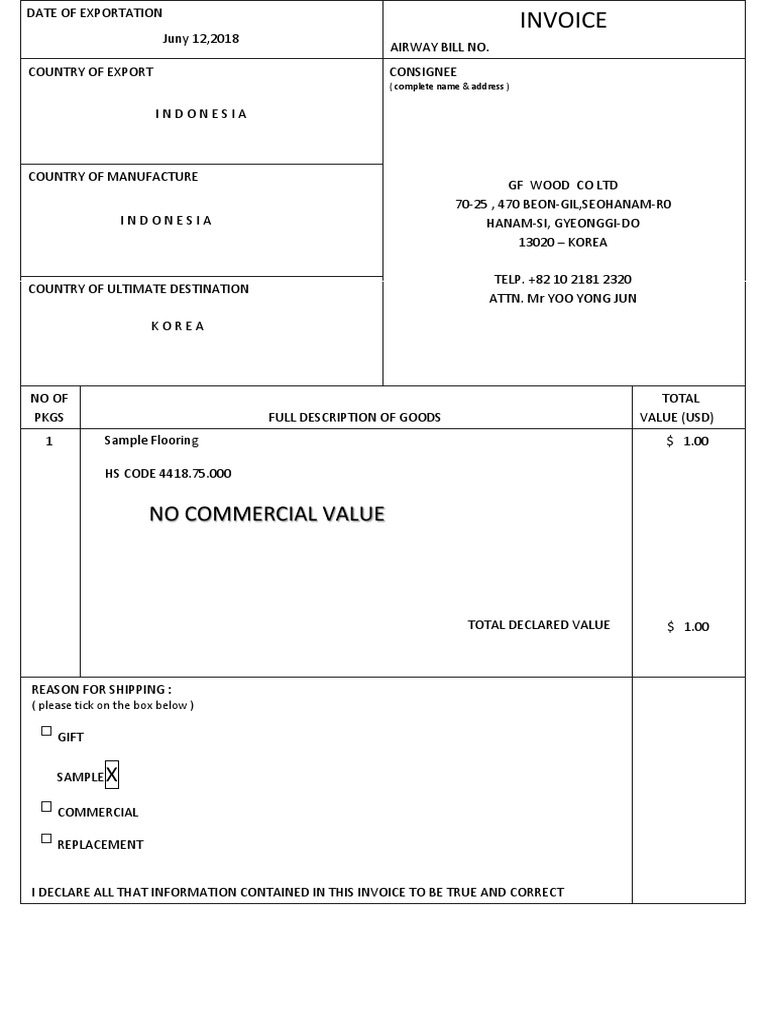 Invoice for Sample with No Commercial Value | PDF