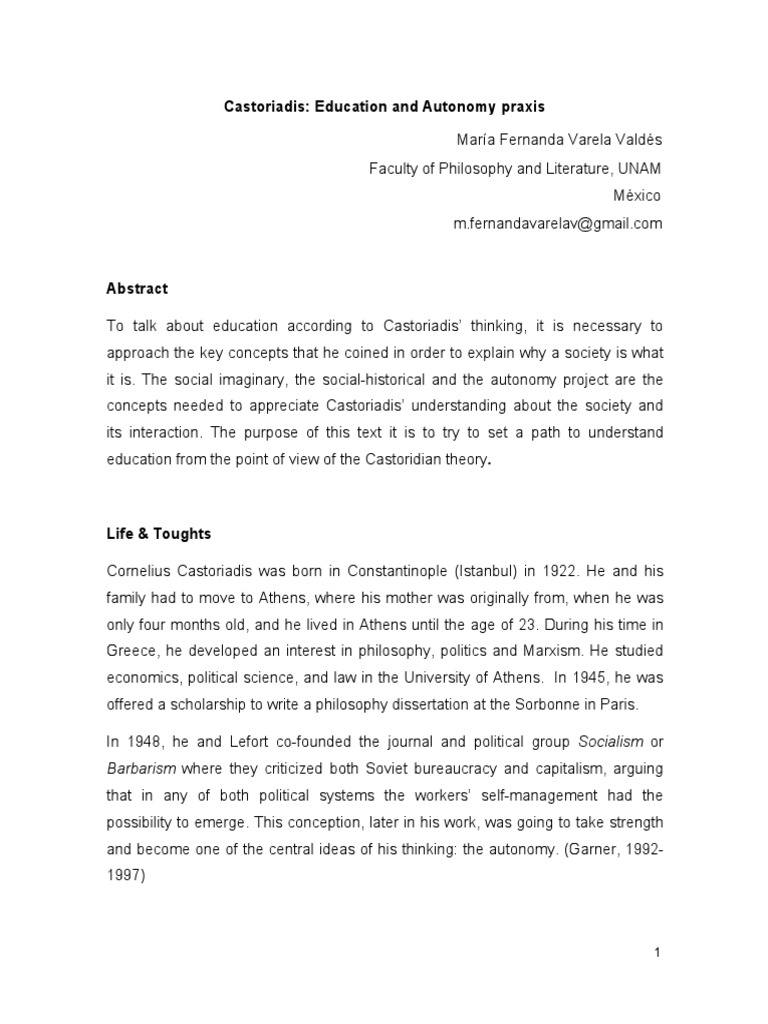 Castoriadis: Education and Autonomy | PDF | Autonomy | Thought