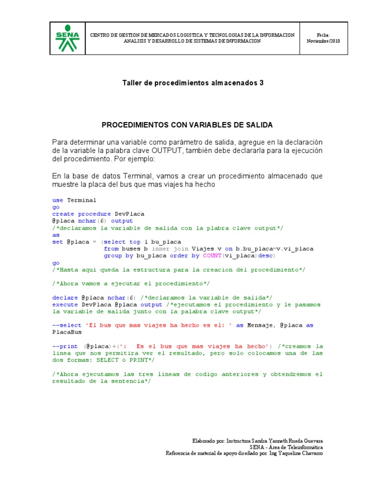 Taller de Procedimientos Almacenados 3 | PDF