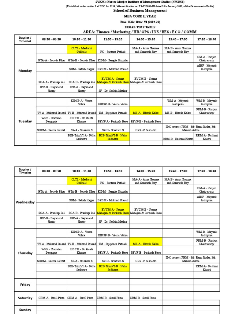 Final Nmims Mba Yr II 2019-20 Timetable | PDF | Economics | Market ...