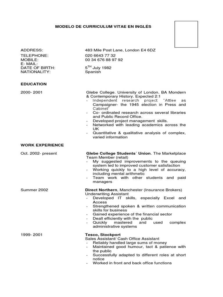 Modelo de Curriculum Vitae en Ingles PDF | PDF | Microsoft Excel ...