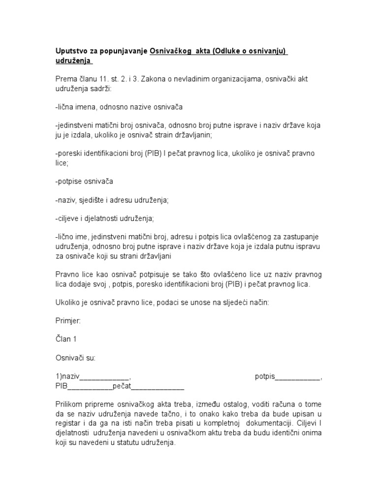 Uputstvo Za Popunjavanje Osnivackog Akta Udr 1 | PDF