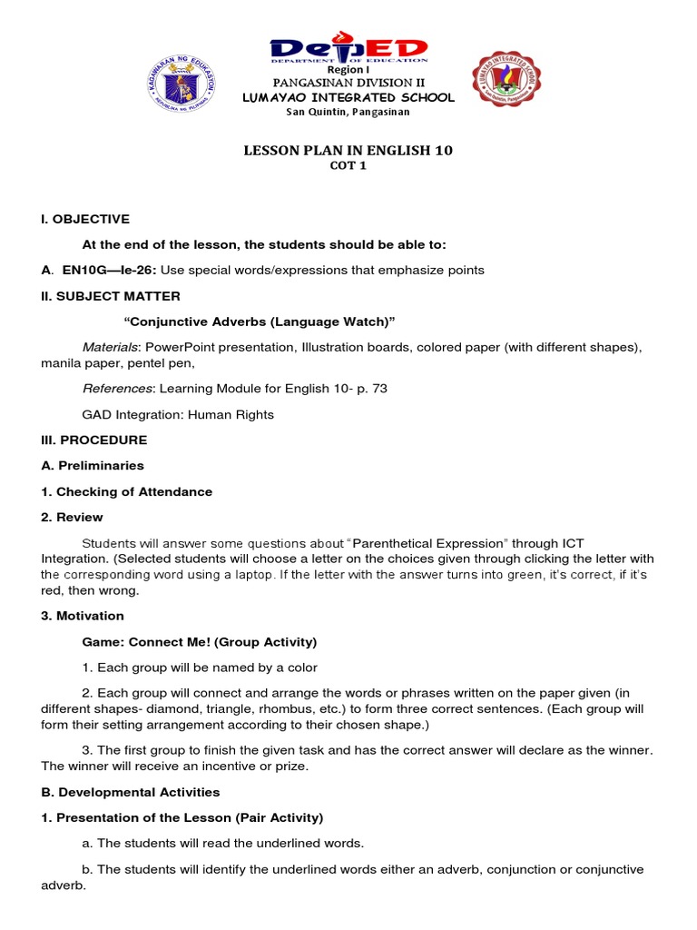 Semi Detailed Lesson Plan in English 10 2019 | PDF | Question | Adverb