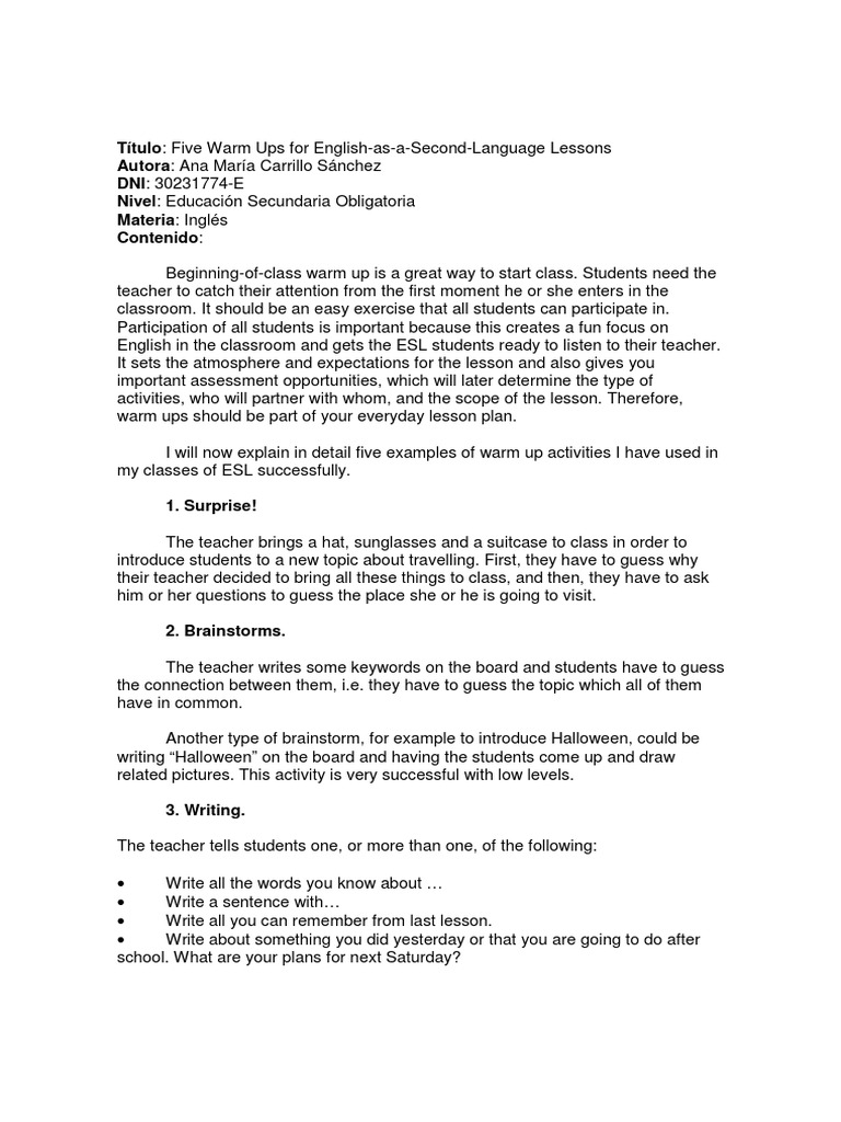 Warm Ups Activities | PDF | English As A Second Or Foreign Language ...