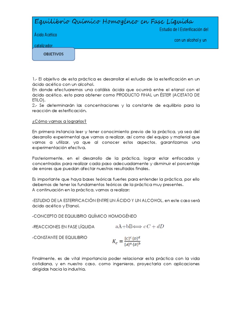 Equilibrio Químico Homogéneo en Fase Líquida | PDF | Equilibrio químico ...