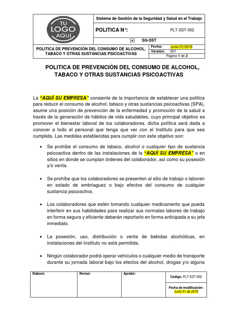 Politica De Prevención Del Consumo De Alcohol, Tabaco Y Otras Sustancias Psicoactivas | Drogas ...