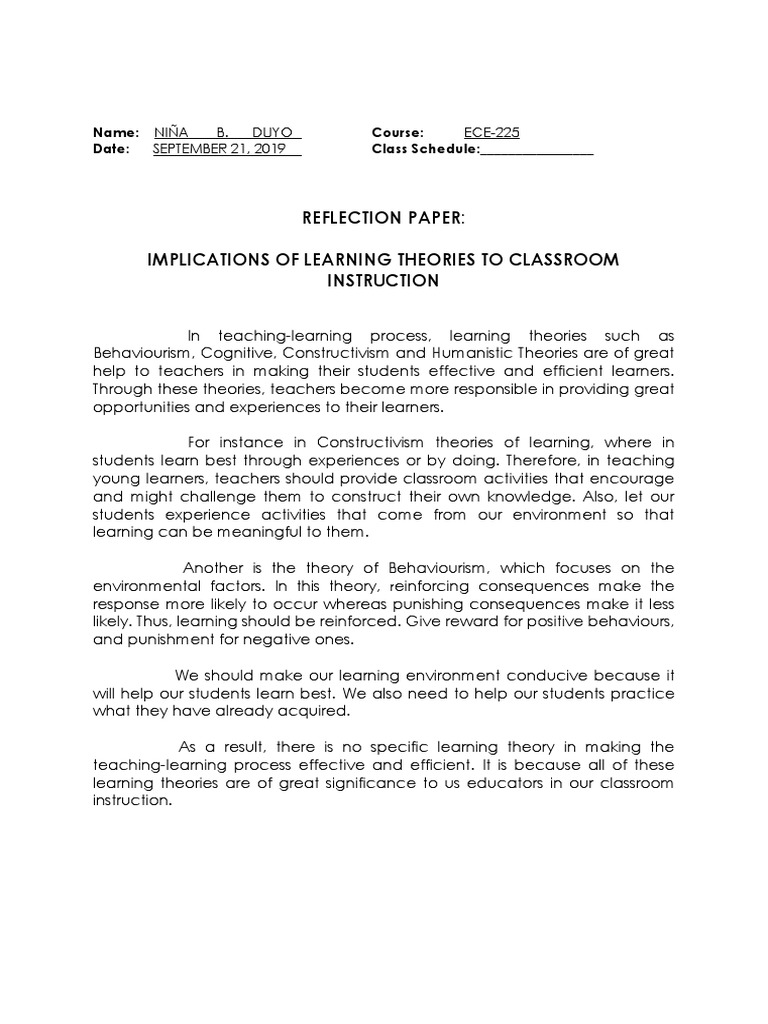 Reflection Paper: Implications of Learning Theories To Classroom ...